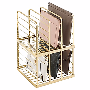 mDesign Metal Divided Stackable Purse Organizer for Closets, Bedrooms, Dressers, Shelves, Storage Solution for Purses, Clutches, Wallets, Accessories - 3 Sections - 2 Pack - Soft Brass