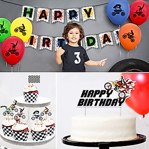 57Pcs Motocross Birthday Party Supplies Dirt Bike Garland Banner Cake Topper Motorcycle Cupcake Toppers Latex Balloons Set for Dirt Bike Extreme Sports Racing Party Boy Birthday