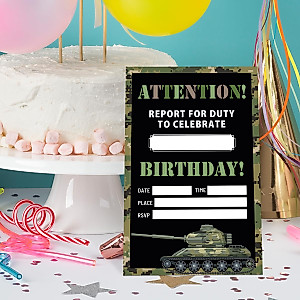 UDNADKEX Army Birthday Invitations for Boys with Envelopes, Invites for Birthday Party Camo Military, Camouflage Tank Birthday Party Invitations Cards, Attention The Duty, 4"x6" Set of 20
