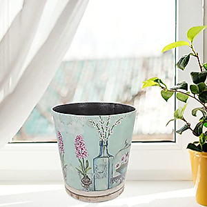 Zerodeko Small Trash Can, 10L/2.64 Gallon PU Leather Wastebasket Retro Decorative Waste Bin with Flower Patterned, Garbage Container for Bathroom, Bedroom, Kitchen, Home, Office