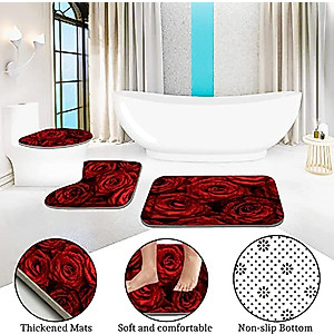 4pcs Red Roses Bathroom Sets with Shower Curtains and Rugs for Women Romantic Red Roses Shower Curtains with Nonslip Rugs and Soft Bath Mat Toilet Seat Cover for Valentines’ Day Gifts
