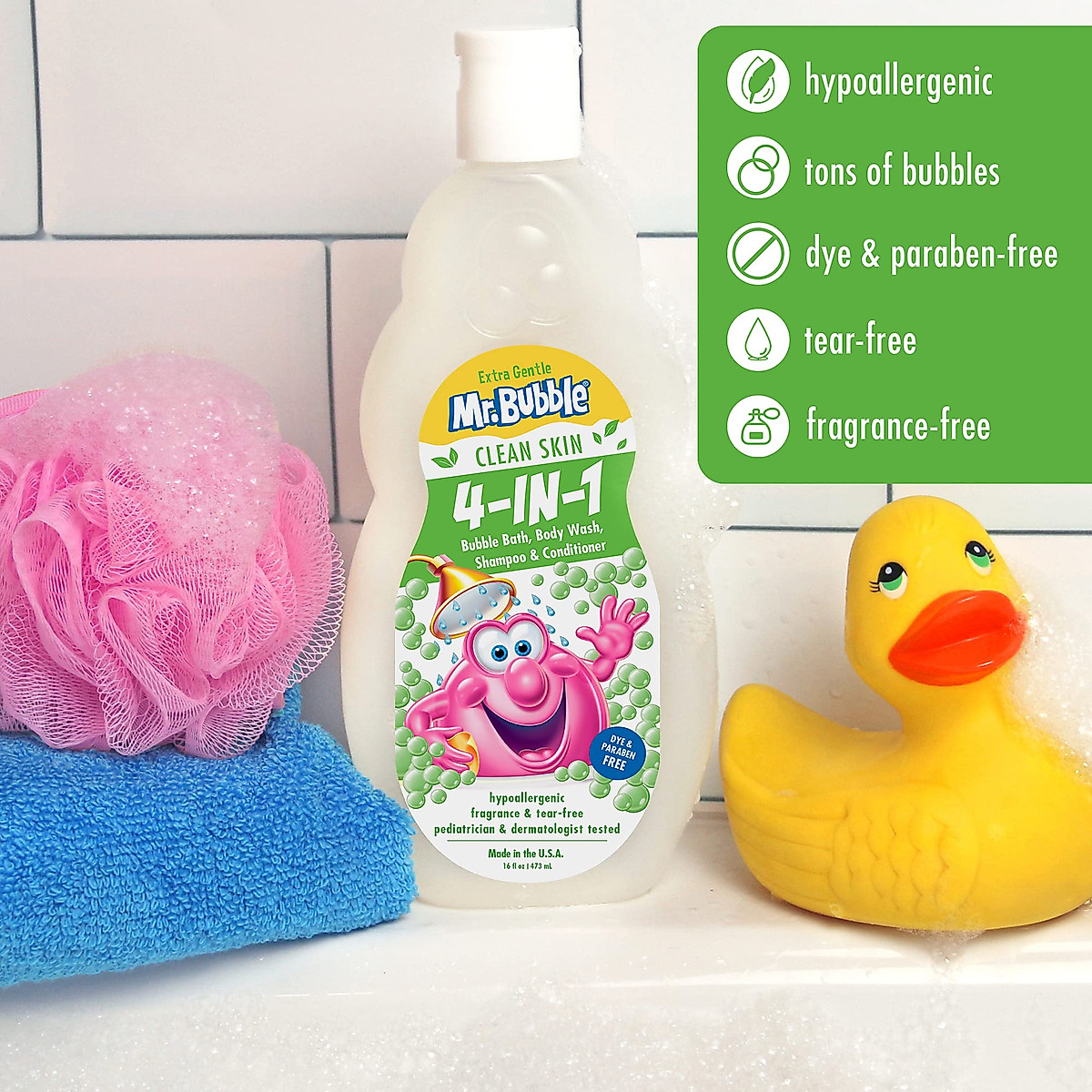 Mr. Bubble Kids Extra Gentle 4-in-1 - Body Wash, Shampoo, Conditioner, and Bubble Bath - Hypoallergenic, Non-Scented, Dye Free, No Tear Formula, Perfect for Sensitive Skin (4 Bottles, 16 fl oz each)