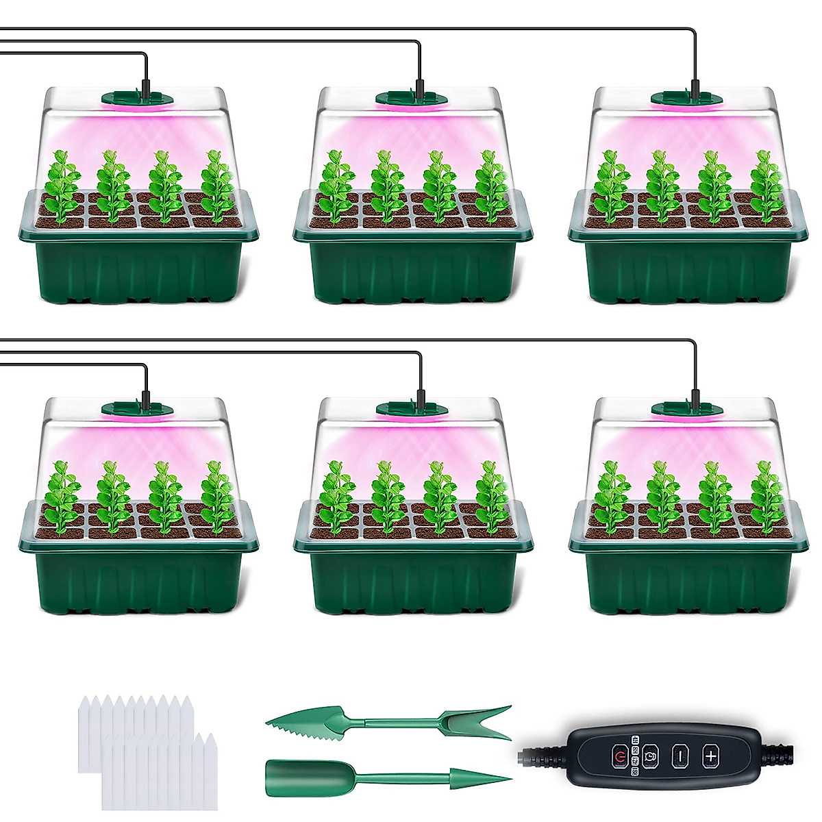 YAUNGEL Seed Starter Tray with Grow Light, 6 Pack Seed Starter Kit with Timing Controller Adjustable Brightness, Thicken Seedling Starter Trays with Humidity Domes Heightened Lids, Gift Box