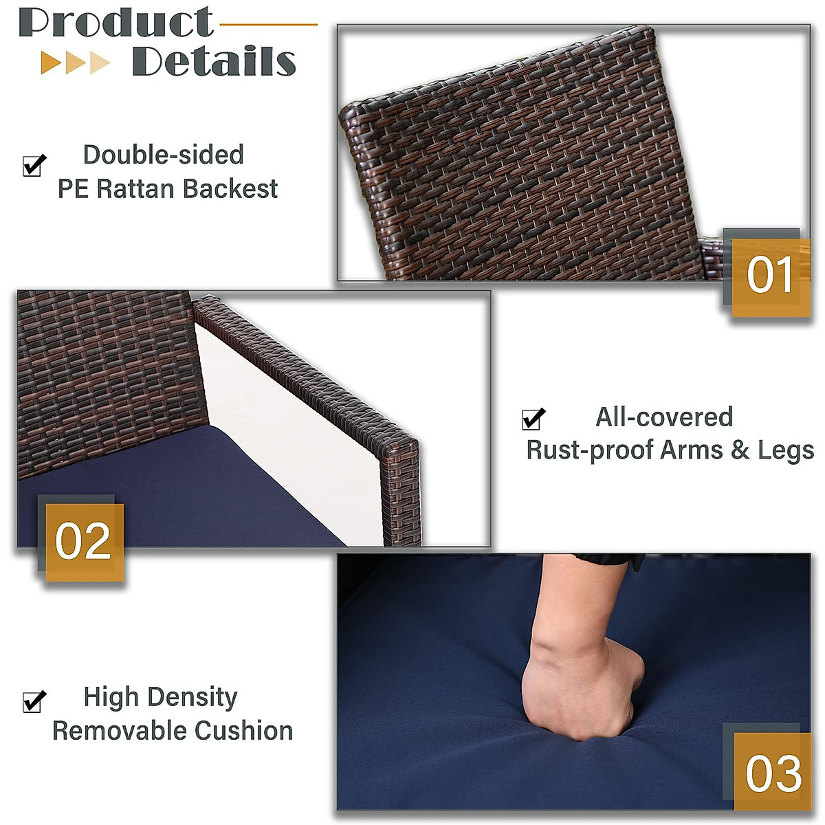 Sophia & William 8 Pieces Patio Dining Furniture with 13 Ft Navy Double-Sided Twin Umbrella, Outdoor Rattan Chairs & Metal Table Set with Cushions and 1.57" Umbrella Hole for Backyard Porch Poolside