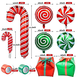 30Pcs Christmas Foil Balloons, Large Candy Cane Swirl Mylar Balloons with Ribbons, Red Green Balloons for Birthday and Candies Theme Party Decorations
