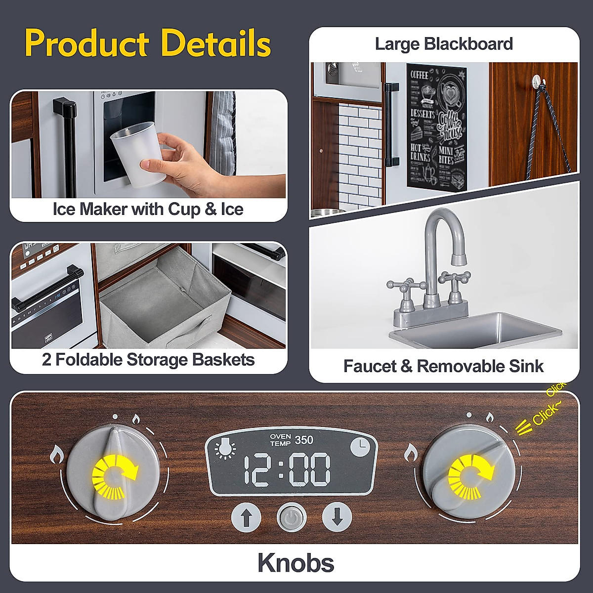 BRINJOY Corner Play Kitchen for Kids, Wooden Toddler Kitchen Playset w/Faucet, Sink, Microwave, Oven, Apron, Blackboard, Storage Cabinets, Pretend Cooking Toys w/Sound & Light Gift for Ages 3+