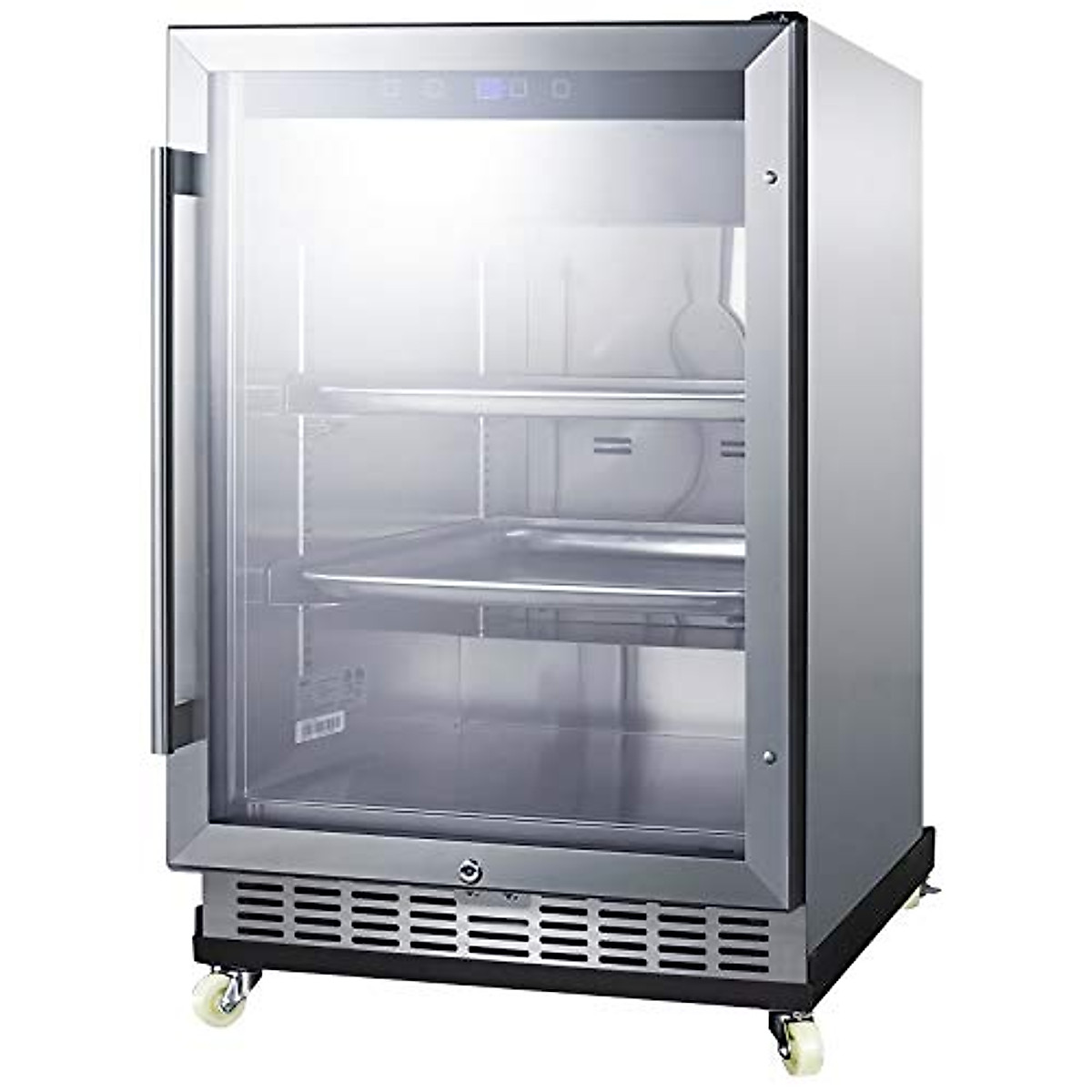 Summit Appliance SCR611GLOSRI Outdoor Mini Reach-In Commercial Beverage Center, Factory-installed Dolly, Glass Door, Weatherproof, Heavy-duty Tray Holders, Three Adjustable Chrome Shelves