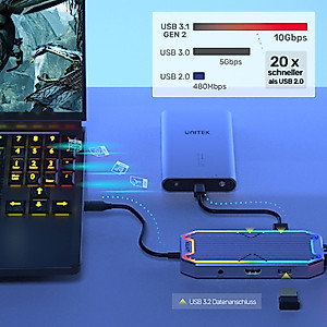 Unitek D1029A - uHUB S7+ 7-in-1 USB-C Hub with 10Gbps Data, HDMI and PD 100W / HDMI 2.0, USB 3.2 Gen 2 / Active/USB-C / 2X USB-A Port / 2X USB-C Port/Mini Jack 3.5 mm/RGB LED Lights