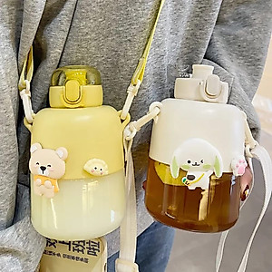 JZSMY 700ml Kawaii Straw Water Bottle, Cute Water Bottles with 3D Stickers, Milk Juice Cute Water Bottle Plastic Water Bottles with Portable Rope For Outdoor Travel (Pink)