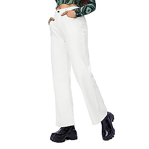 SweatyRocks Women's Casual Loose High Waist Solid Straight Wide Leg Jeans White Elastic Waist S