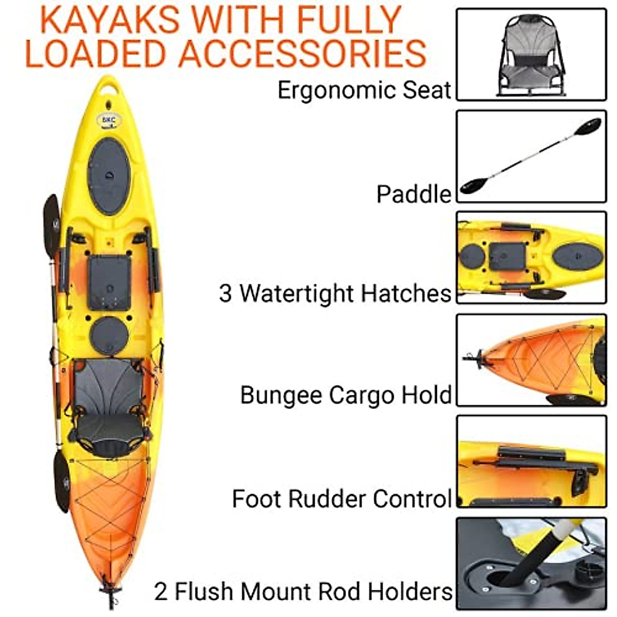 BKC UH-RA220 11.5 Foot Angler Sit On Top Fishing Kayak with Paddles and Upright Chair and Rudder System Included (Yellow Orange)