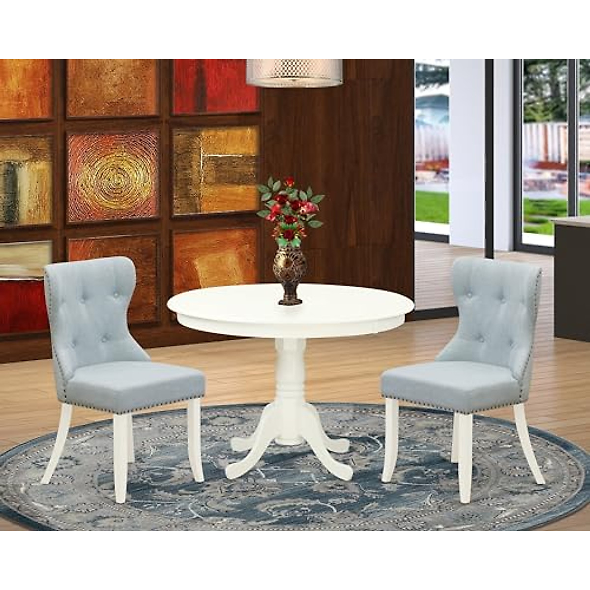 East West Furniture HLSI3-LWH-15 3 Piece Dinette Set for Small Spaces Contains a Round Dining Table with Pedestal and 2 Baby Blue Linen Fabric Upholstered Chairs, 42x42 Inch, Linen White