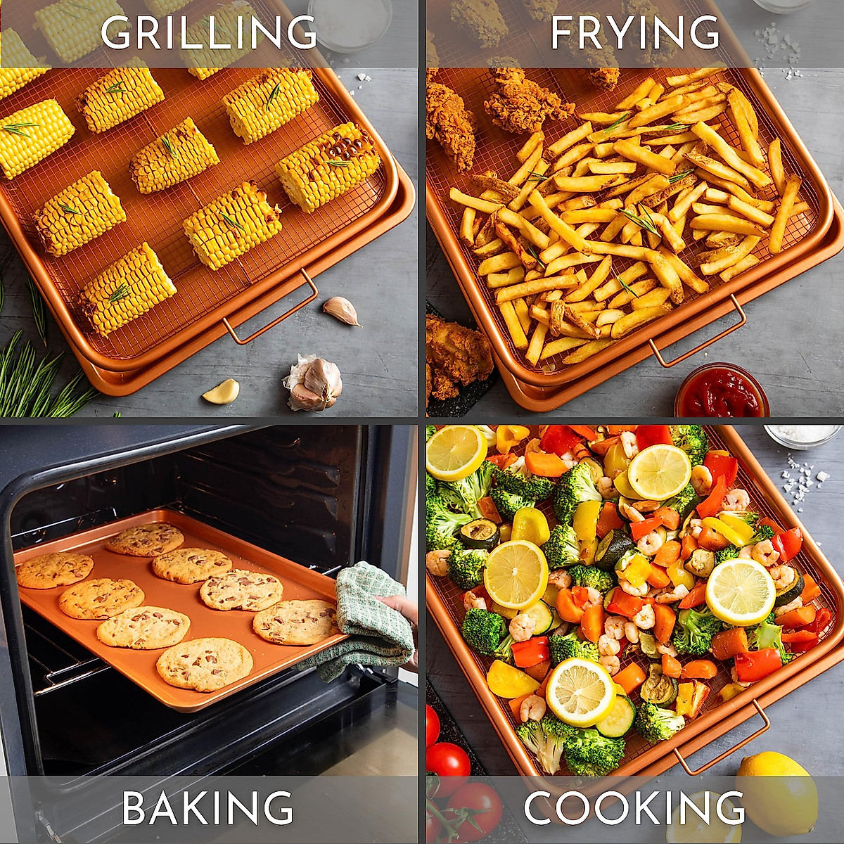 Copper Crisper Tray Non-Stick Oven Baking Tray with Elevated Mesh Crisping Grill Basket 2 Piece Set Extra Large 13"X19" – by Nuovva