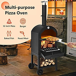 Giantex Pizza Oven Outdoor, Wood Fire Pizza Grill Maker with Waterproof Cover, Pizza Stone and Peel, 2 Layer Steel Pizza Oven Cooker with Wheels for Barbecue Camping Backyard Party