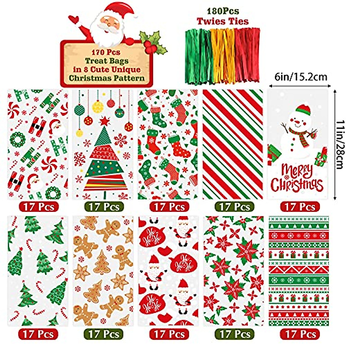 SUPERLELE 170pcs Christmas Cellophane Bags Candy Cookie Storage Christmas Treat Bags with 180pcs Twist Ties Party Favor 5.9x11in 10 Styles