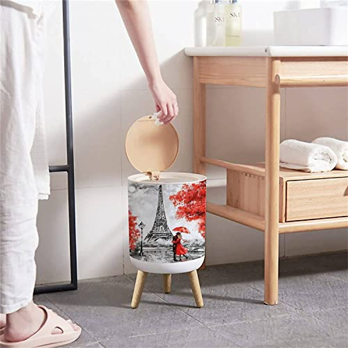 SHL96PZGX Small Garbage Can with Lid Oil Painting Paris European City Landscape France Eiffel Tower Black with Wood Long Legs Simple Human Trash Can for Kitchen, Bathroom, Dog Proof, 1.8 Gallon - 7L