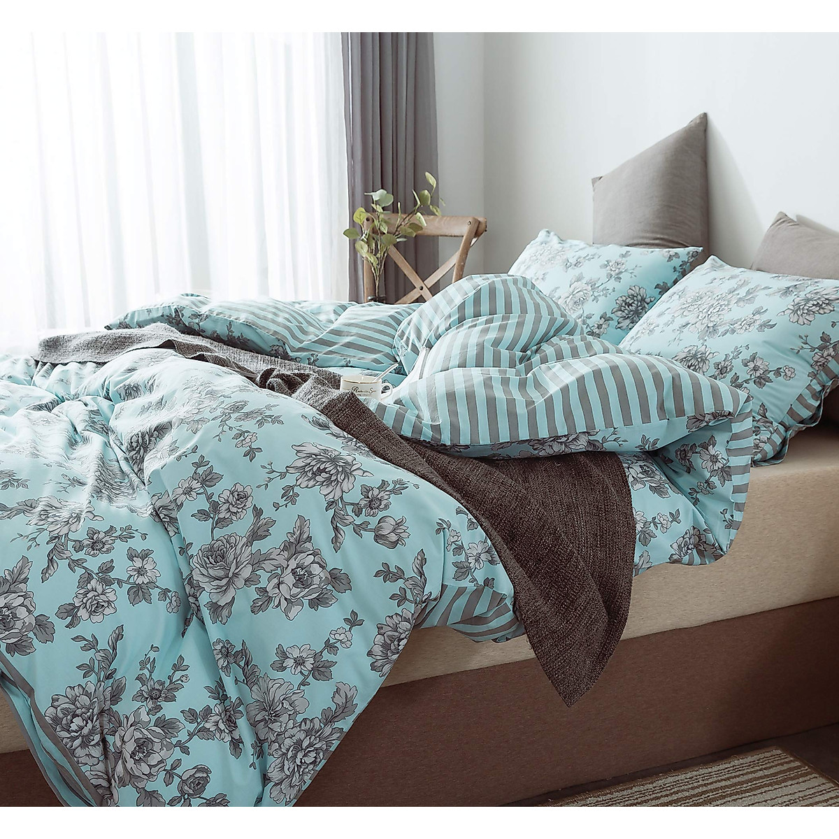 ANNA.Z HOME 3-Piece Cotton Duvet Cover Set. 100% Cotton Percale Fabric. Real Reversible Design. Pre-Washed Printed Fabrics. Soft and Easy Care. Modern Farmhouse Style. (Green, King Set)