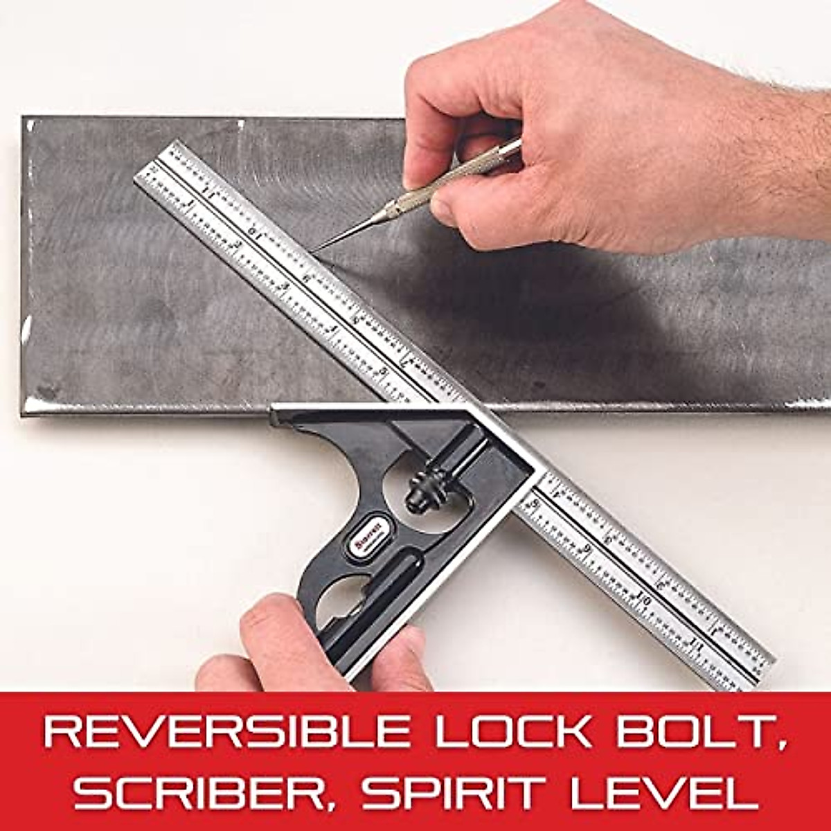 Starrett Steel Combination Square with Square Head - Ideal for Professionals and Home Improvement - 300mm, Cast Iron Heads, Reversible Lock Bolt, Spirit Level - 11MH-300