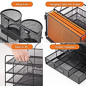 Marbrasse 4-Trays Desk File Organizer with 2 Pen Holder, Desktop Hanging File Holder with Drawer, Paper Letter Tray Organizer, Mesh Office Supplies Desk Paper Organizer for Home Office (Black)