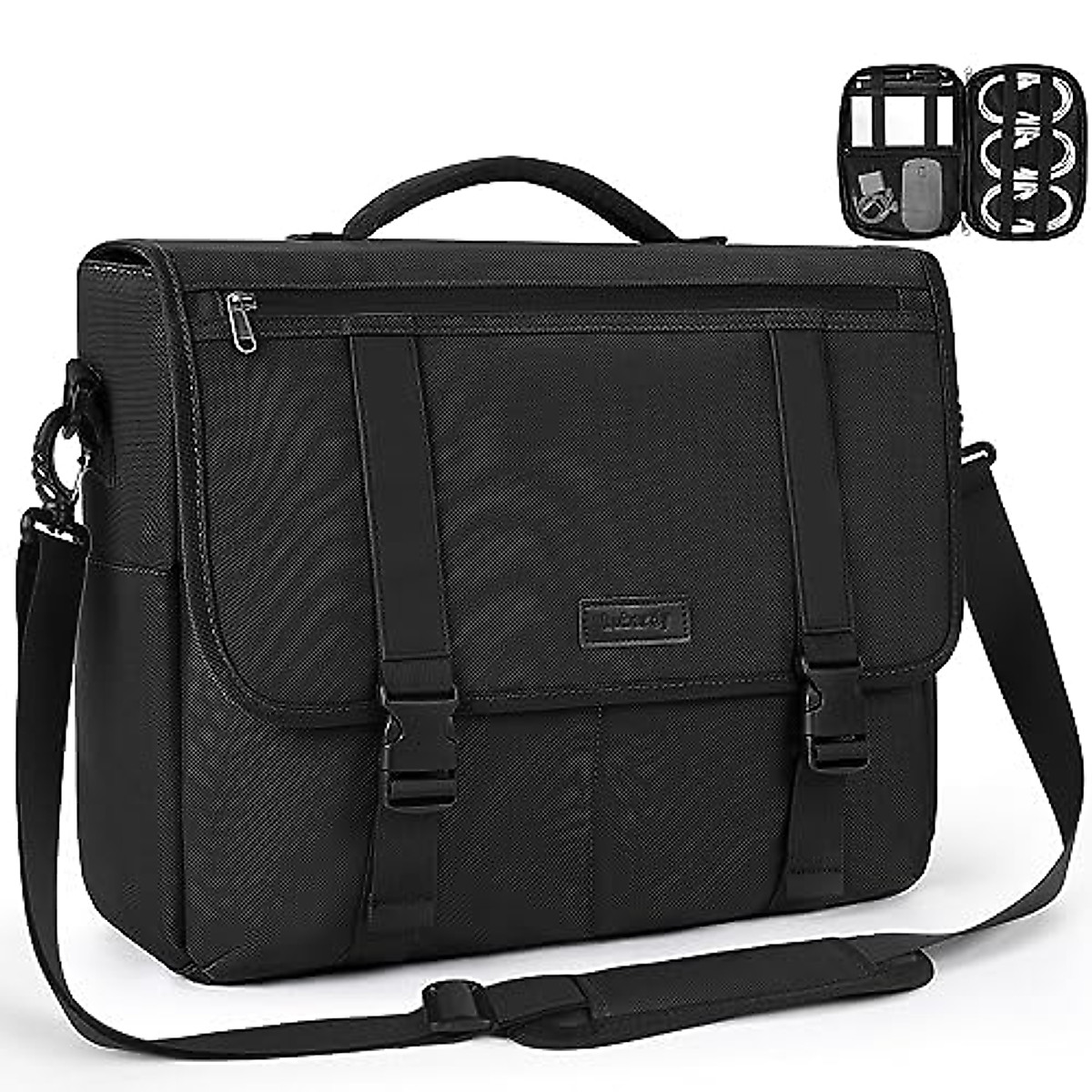 Mens Messenger Bag 15.6 Inch Waterproof Laptop Briefcase Large Satchel Shoulder Bag Office Travel Business Computer Laptop Bag Cable Organizer Bag Set 2pcs,Black