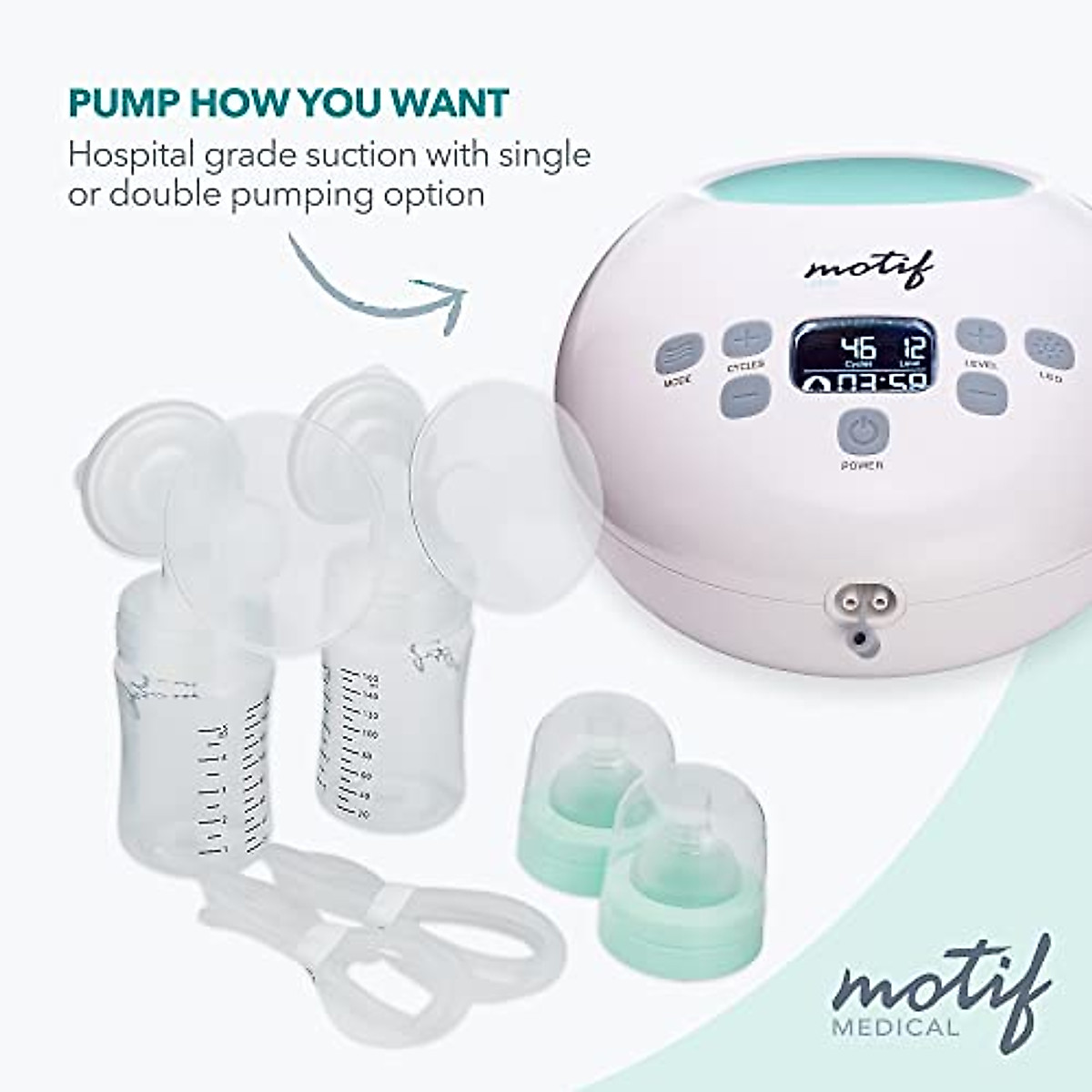 Motif Medical Luna Double Electric Breast Pump - Easy to Use, Quiet Motor, Built-in LED Night Light - Outlet Required