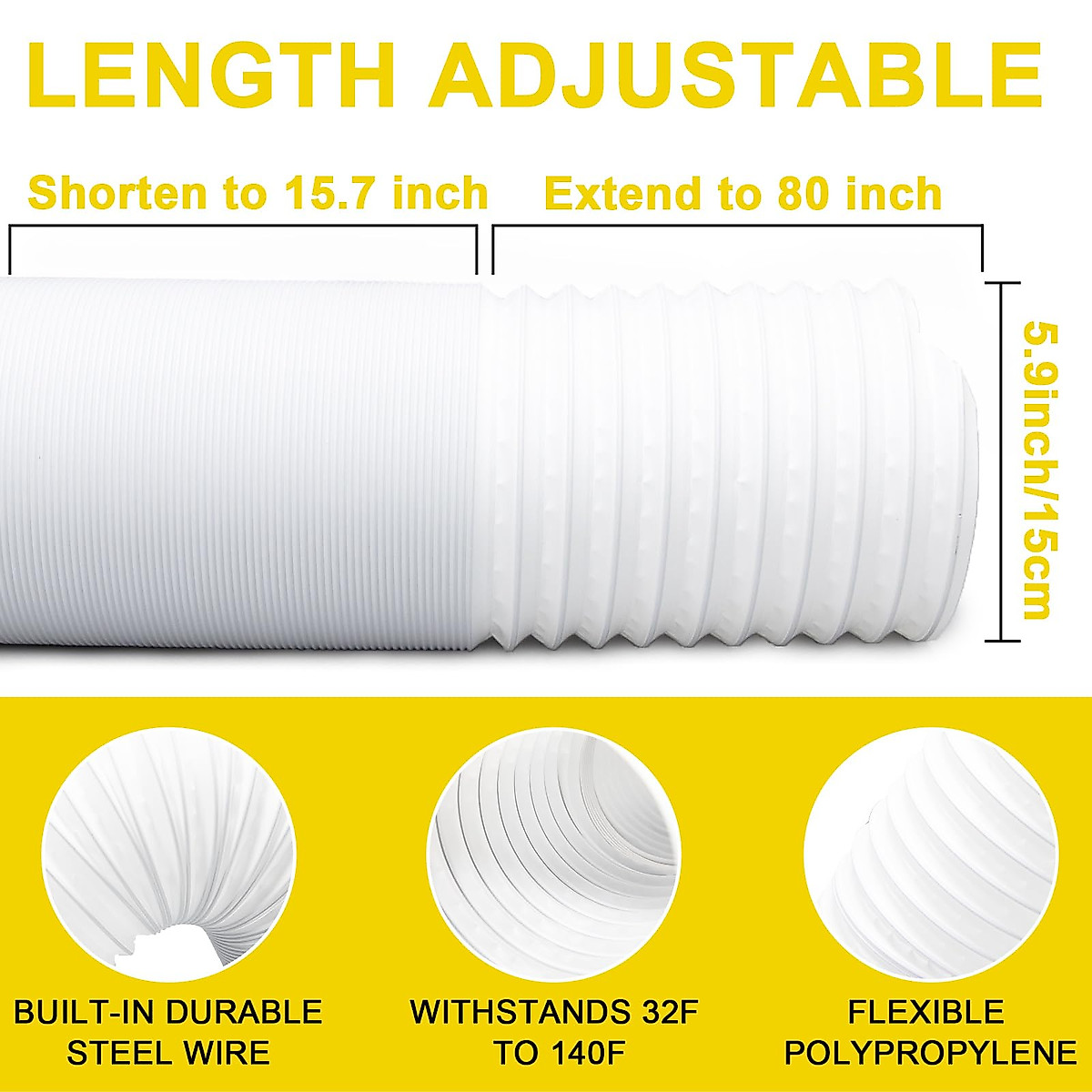 Portable Air Conditioner Hose, 5.9" Diameter Anti-Clockwise Thread,Length up to 80" - AC Hose with LG and More