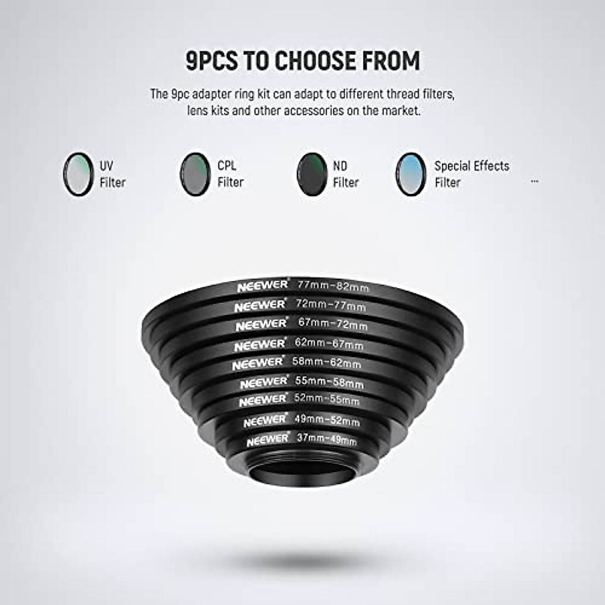 NEEWER 9PCS Camera Lens Step Up Filter Adapter Rings, 37-49, 49-52, 52-55, 55-58, 58-62, 62-67, 67-72, 72-77, 77-82mm Metal Step Up Rings Kit with Anodized Aluminum Threaded Black Frame
