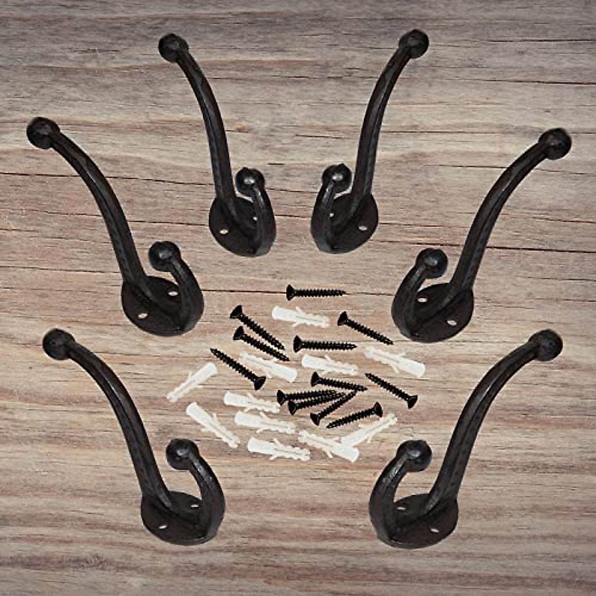 YMAISS Antique Rustic Black Cast Iron Hooks,Antique Old Shabby Chic Cast Iron Hooks, Wall Mounted Hooks (Set of 6) Vintage Inspired Coats, Bags, Hats, Towels,Matching Screws Included