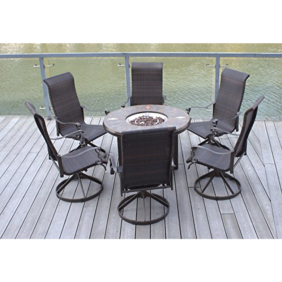 Pebble Lane Living 7pc Swivel Rocking All Weather Wicker Patio Furniture 42" Propane Fire Pit Set - Brown
