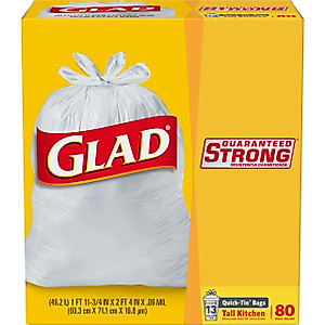 GLAD Tall Quick-Tie Trash Bags, 13 Gallon White Trash Bags for Tall Kitchen Trash Can, 80 Count - Packaging May Vary
