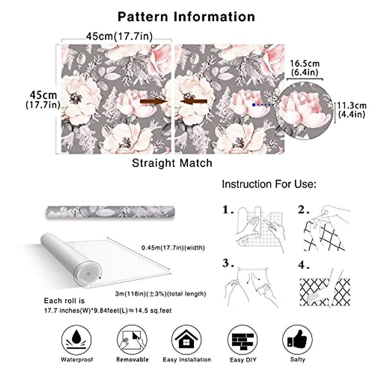 HAOKHOME Floral Peel and Stick Wallpaper Peony Removable Grey/Pink Vinyl Cabinet Self Adhesive Shelf Liner 17.7in x 9.8ft