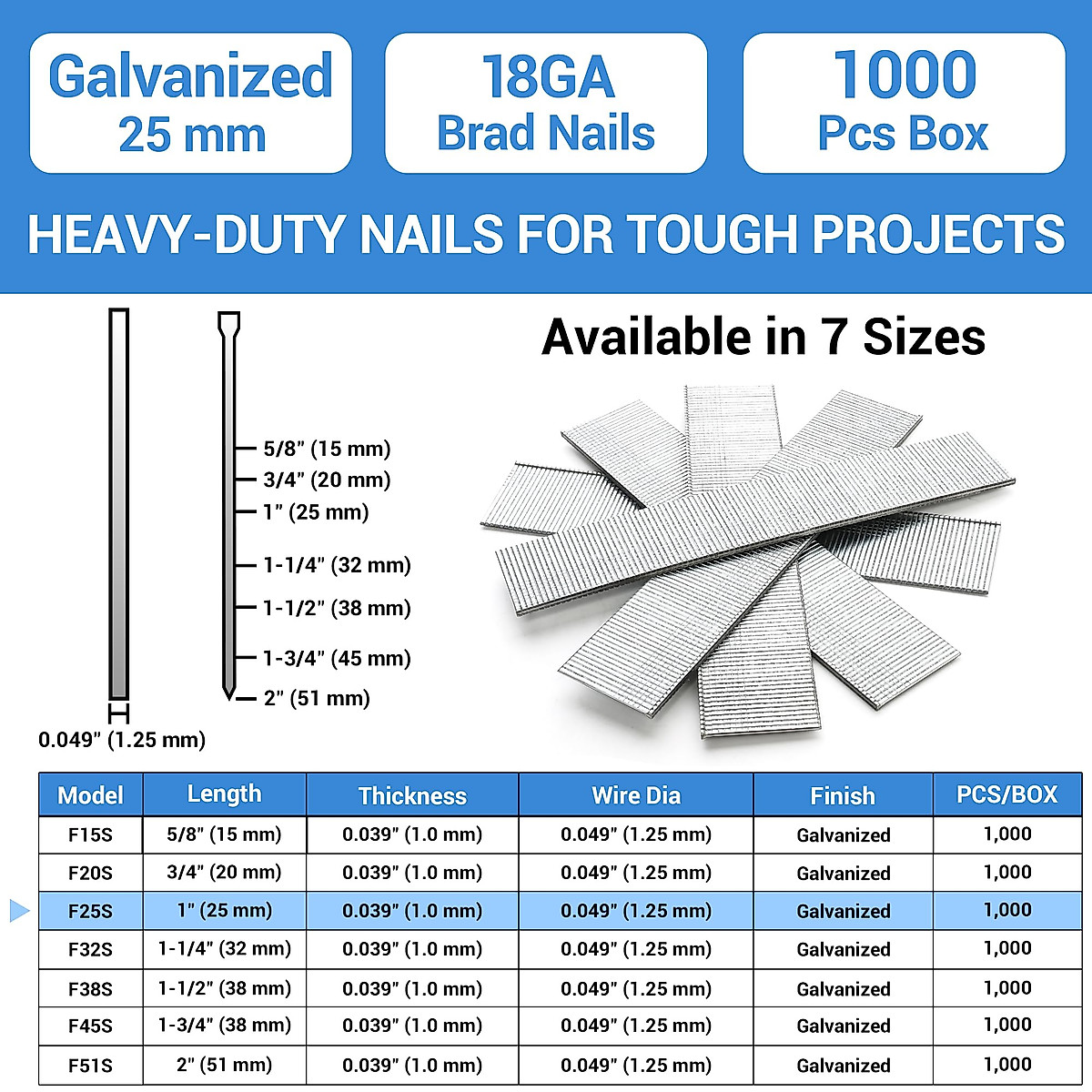meite 18 Gauge Brad Nails, 1 Inch 18GA Brad Nails Galvanized Small Finishing Nail Gun Nails for Pneumatic, Electric Brad Nailer Gun (1,000 Counts)