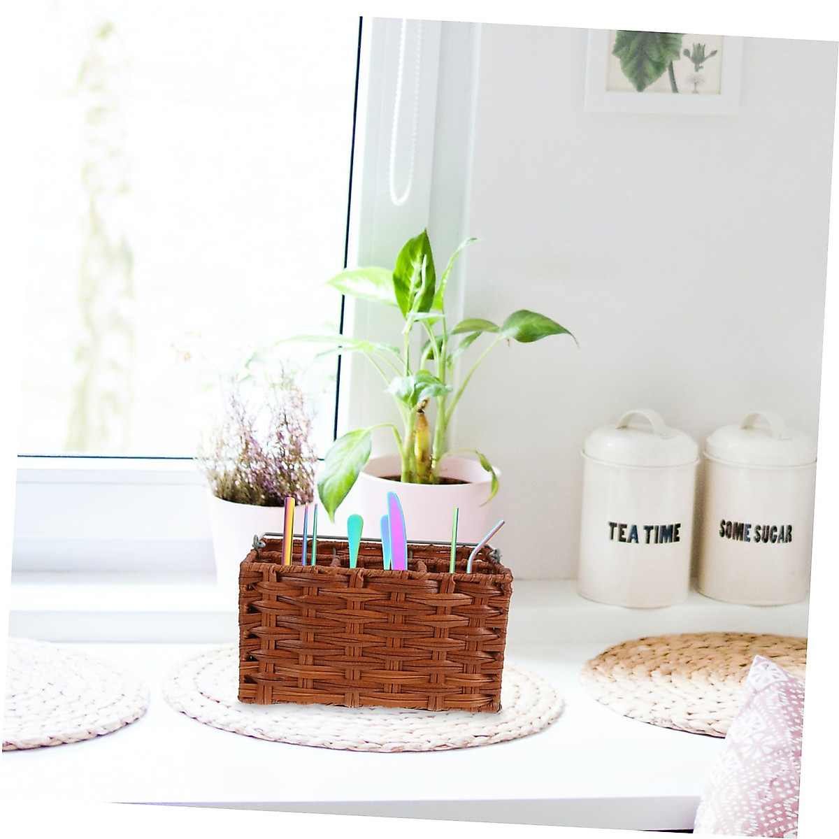 Cabilock Rattan Storage Basket 4 Section Wicker Divided Baskets Tea Bag Sugar Packet Holder Coffee Station Condiment Organizer Silverware Cutlery Storage Box