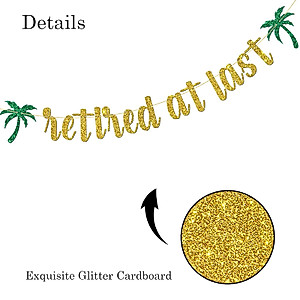Belrew Retired at Last Banner, Free at Last Sign Banner, Retirement Party Decoration Bunting Supplies, Glittery Gold