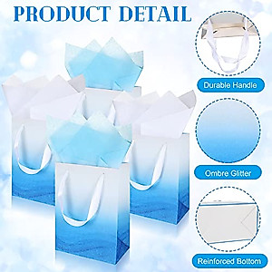 Jeyiour 24 Pcs Ombre Bags Bulk with 48 Pcs Tissue Paper, 9 x 7 x 4 Inch, Christmas Glitter Paper Wrap Bag, Packaging for Wedding Birthday Party Favor (Blue)