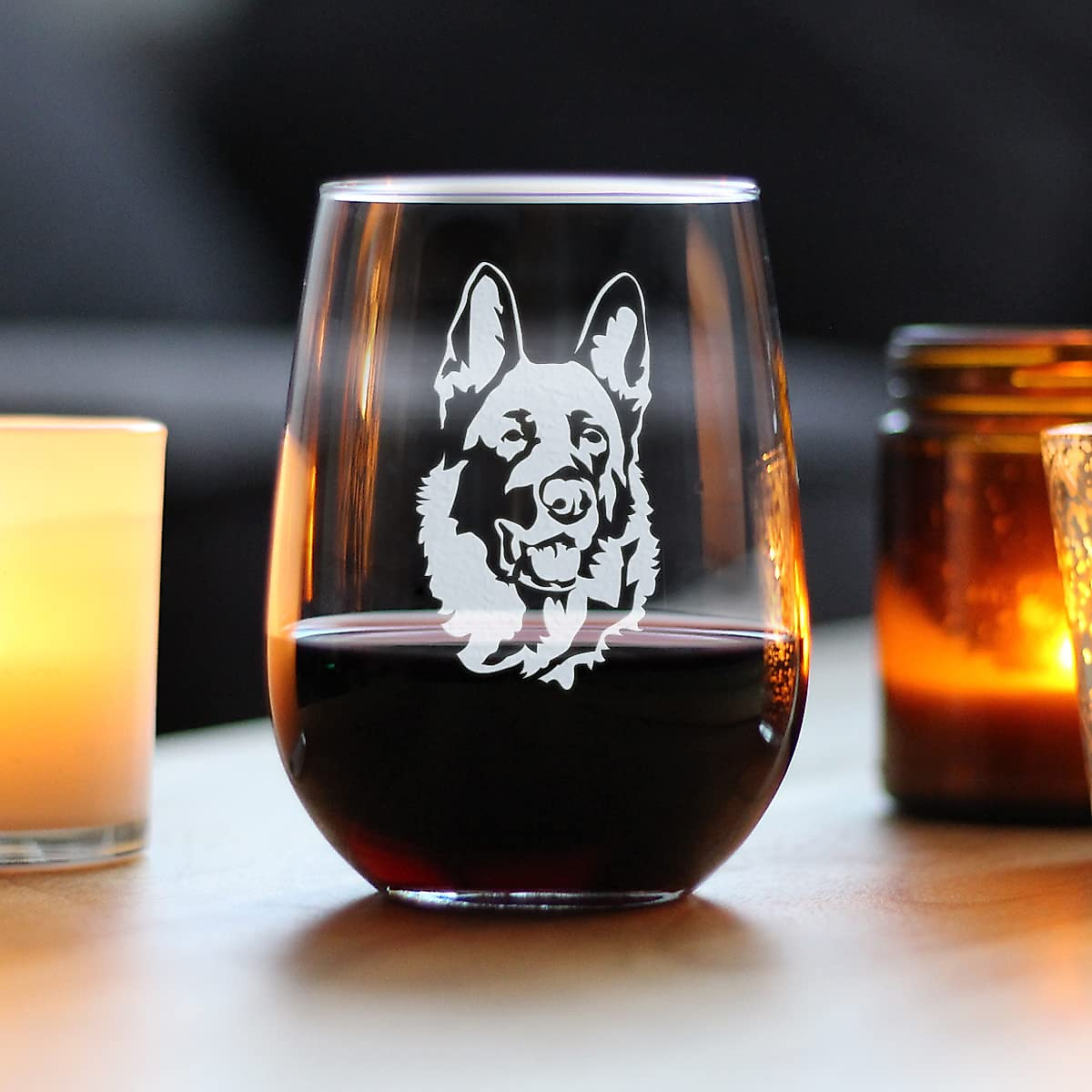 German Shepherd Happy Face Stemless Wine Glass - Cute Gifts for Dog Lovers with German Shepherds - Large Glasses