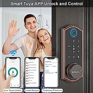 Smart Fingerprint Door Lock with Deadbolt, ERAY 5-in-1 Keyless Entry Door Lock with APP, Fingerprint, Keypad Code, Keys and Fobs, Front Door Locks Set for Interior Home Security Hotel Apartment