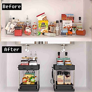 MOUDAO 2 Pack Under Sink Organizers and Storage Bathroom Organizer, 2 Tier Black Under Sink Organizer Cabinet Kitchen Organization Pantry Closet with Pull-Out Drawers, Anti-slip Mats, Hanging Hooks