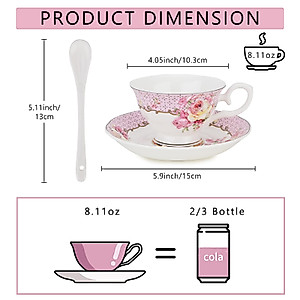 Kitchenexus Porcelain Tea Cup and Saucer Vintage Ceramic Tea Cup Elegant Floral Tea Cup and Saucer with Matching Spoon British Tea Cup Coffee Cup Set (8.11oz/230ml)