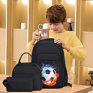 LEDAOU Backpack for Teen Girls School Bags Kids Bookbags Set School Backpack with Lunch Box and Pencil Case (Soccer Black)