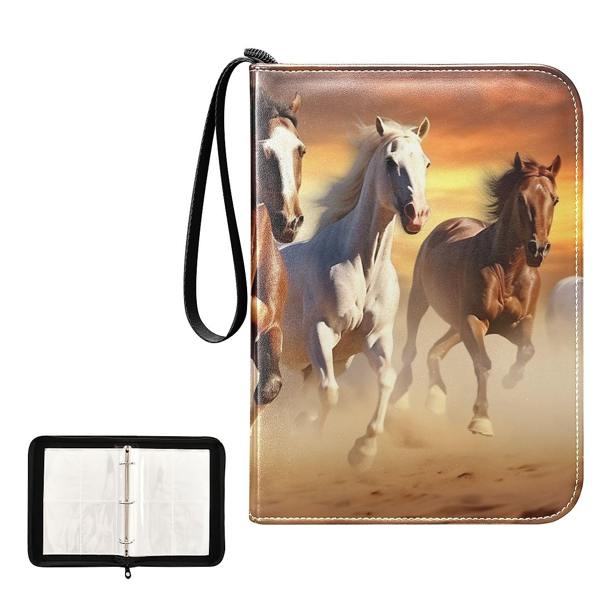 PYBUG Horse Trading Card Binder with Nylon Strap 4-Pocket Waterproof PU Leather Card Collection Binder for 400 Cards Sturdy Card Holder Folders for Game Cards,Sports Cards
