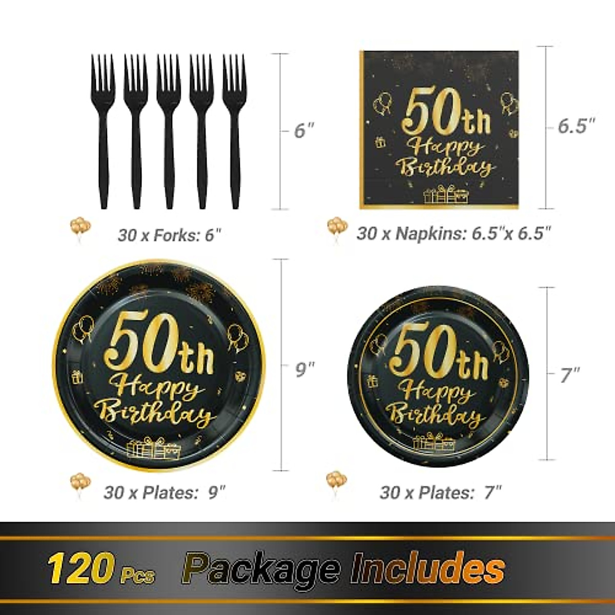 LMJUNZZ 120 PCS 50th birthday party tableware set including plates napkins forks 50th birthday decorations 1974 men's and women's 50th theme party supplies for 30 guests