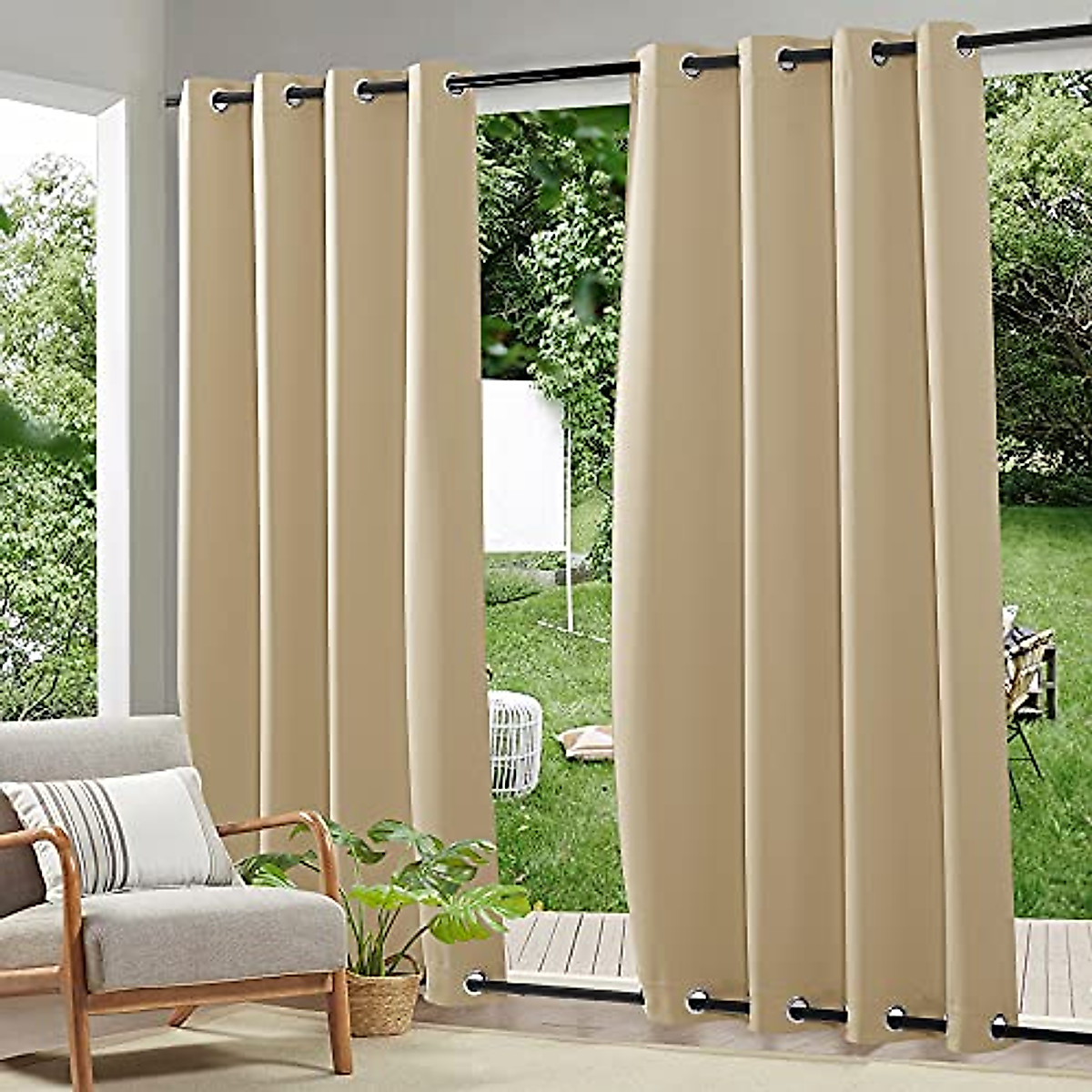 RYB HOME Windproof Curtains Outdoors - Waterproof Blackout Shade Thermal Insulated Weighted Drapes for Porch Gazebo Canopy Pergola Garage Sun Room Decor, 52 Width x 95 inch Length, 2 Panel, Beige
