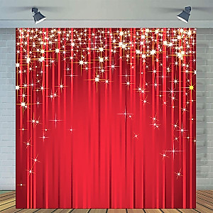 Sensfun 8x8ft Red Golden Starry Backdrop for Portrait Photography Glitter Gold Star Red Stripe Background Photobooth Banner Wedding Birthday Party Kids Newborn Photo Studio Props(WP019)