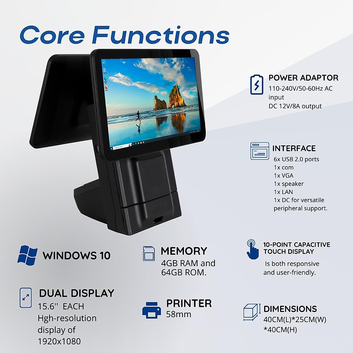 Multzo All in One Point of Sale M9W with 15.6'' Dual Touch Screen. Windows 10 OS and an i3 Processor. Touch Pos with 58mm Thermal Printer for Receipts Wi-fi, 4GB RAM and 64GB ROM. (Black)