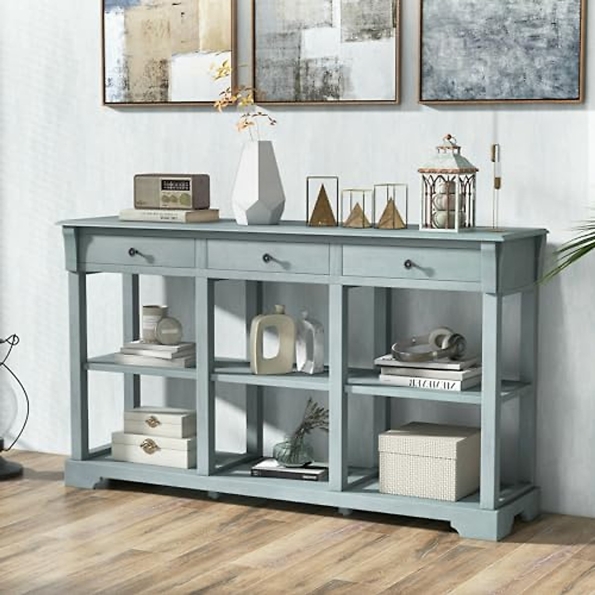 CLEEMAN Console Table with Storage, Retro Sofa Table with 3 Drawers, 2-Tier Open Shelf & Solid Wood Legs, Hallway Table, Entryway Table for Foyer, Living Room, Entrance