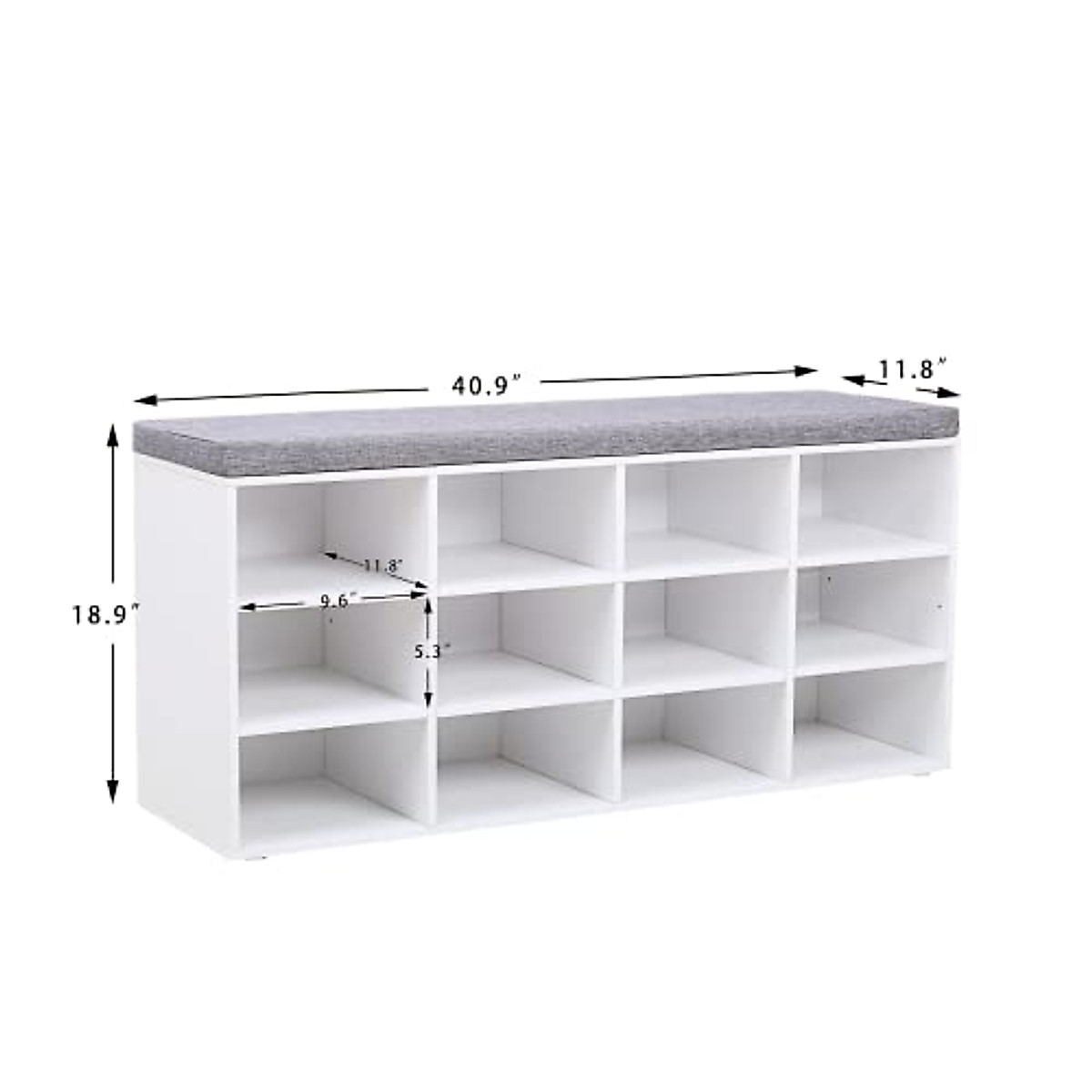DINZI LVJ Shoe Storage Bench with Cushion, Cubby Shoe Rack with 12 Cubbies, Adjustable Shelves, Multifunctional Shoe Organizer Bench for Entryway, Mudroom, Hallway, Closet and Garage, White