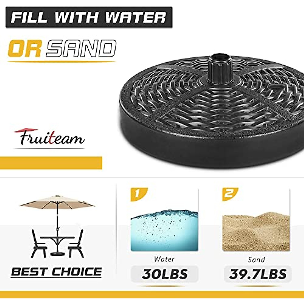 FRUITEAM Fillable Plastic Outdoor Patio Umbrella Base 30 Lbs Water Umbrella Base, Outdoor Weighted Patio Market-Heavy Duty Table Stand, for Outdoor, Lawn, Deck, Garden, Spa, Pool, Rattan Weave (Black)
