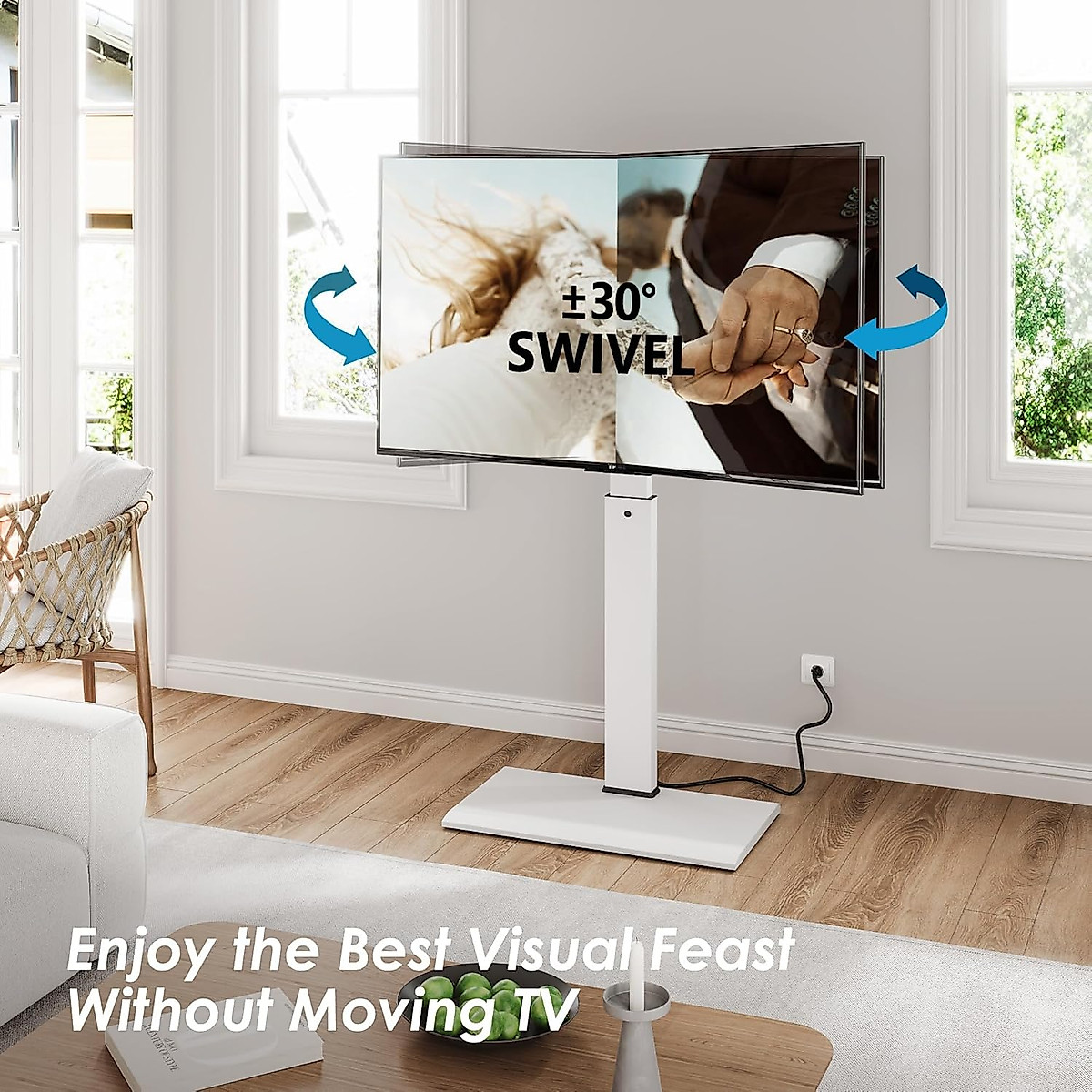 FITUEYES Floor TV Stand with Power Outlet for 26-65 Inch TVs, Swivel TV Stand with Mount Height Adjustable with Iron Base, TV Stand for Bedroom, Living Room Hold Up to 88 lbs, White