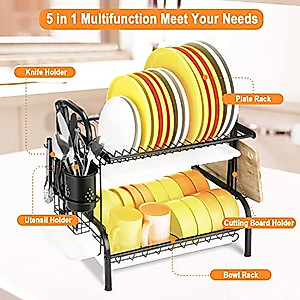 KASSO Dish Drying Rack, 2 Tier Stainless Steel Dish Rack with Drainboard, Utensil Holder, Cutting Board Holder, Large Rust-Proof Dish Drainer for Kitchen Counter, Black